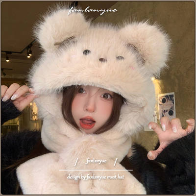 软乎乎会动耳朵毛绒帽子女冬季加绒保暖护耳帽可爱小熊防寒雷锋帽