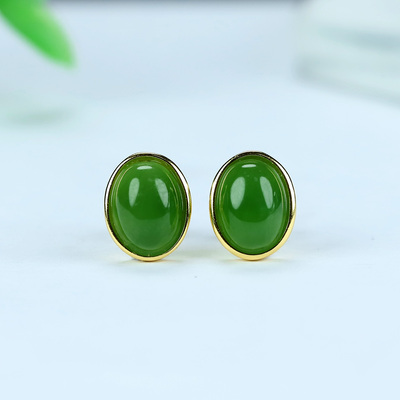 s925银镶新疆和田玉碧玉菠菜绿蛋形耳钉耳坠女款简约流行耳饰