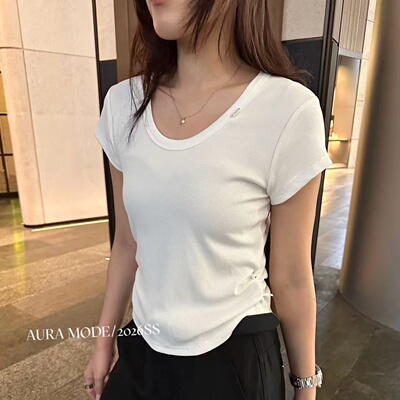Aura mode欧洲站白色圆领短袖T恤女夏季修身显瘦打底衫上衣524