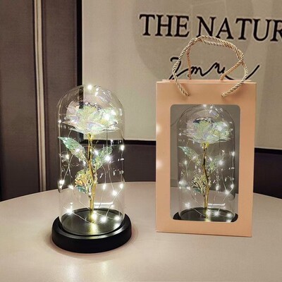 520永生花塑料罩玫瑰花金箔花七夕情人节节日礼物透明闪光