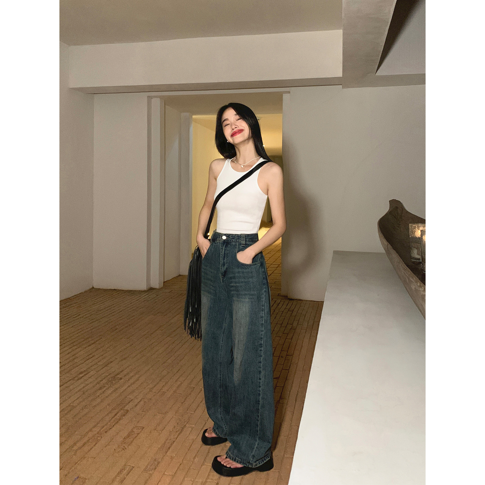 pusumede蓝色覆古阔腿牛仔裤女2025新款高腰显瘦宽松拖地休闲 裤