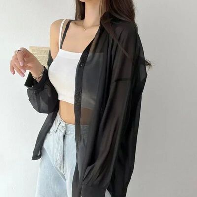 Solid color see through sunscreen shirt  纯色透视防晒衬衣女
