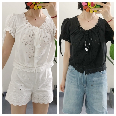 现 原标 买手店doen NERA 蕾丝花边系带抽绳短袖衬衫上衣