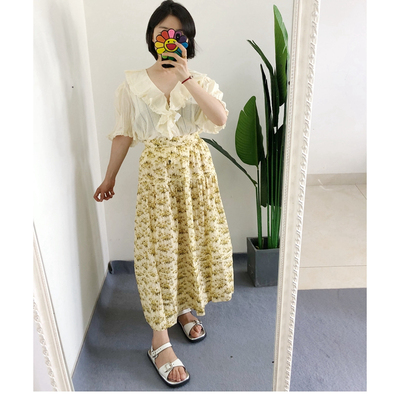 Y标 少量啦买手店doen henri 温柔奶黄色泡泡袖V领荷叶边衬衫半裙