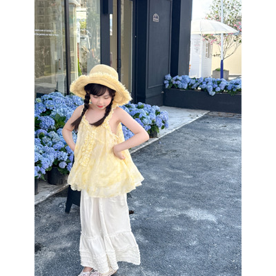 夏季女童法式甜美花边阔腿裤