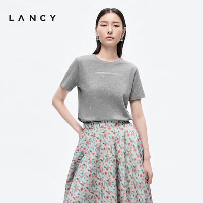 LANCY/朗姿夏季新款简约百搭圆领短袖T恤棉感亮丝休闲纯色上衣女