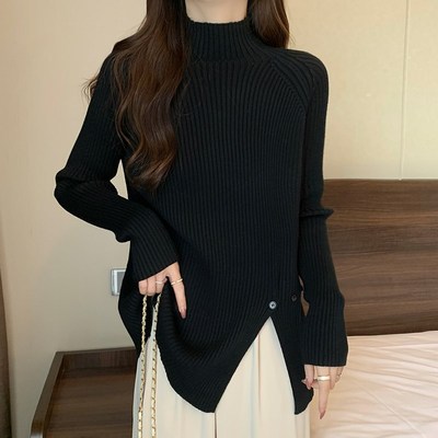 速发大秋码底加厚半高领开叉打冬衫宽松毛衣针织衫长袖上衣