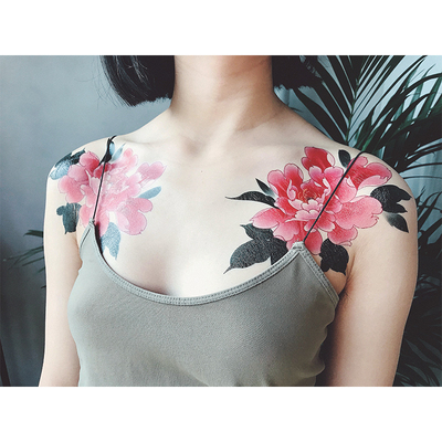 zingtattoo日式浮世绘牡丹纹身贴纸遮瑕古风汉服和服防水女持久
