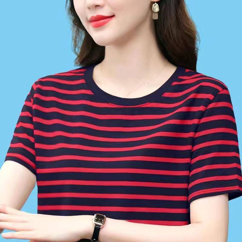 圆领灰兰条纹短袖t恤女装2025夏季薄款打底衫宽松遮肚上衣妈妈装