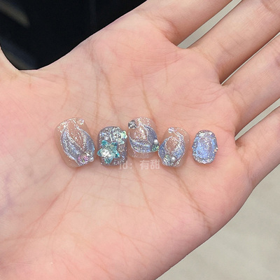 猫眼穿戴甲短款春夏纯手工蓝色鱼尾穿戴款美甲高质量轻奢爆款短甲