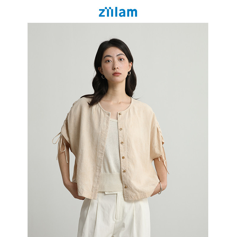ziilam枝蓝 植物染圆领衬衫女款短款抽绳设计感莱赛尔亚麻短袖