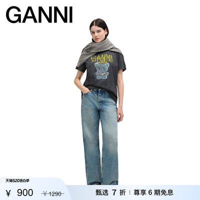 【甄选折扣】GANNI女装 美式泰迪熊纯棉黑色短袖T恤 A1050076055