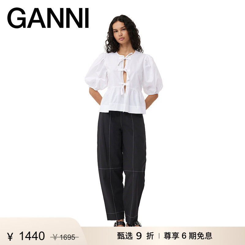 【甄选折扣】GANNI女装 白色系带泡泡袖夏季棉绸衬衫休闲宽松上衣