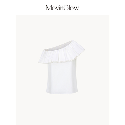 MovinGlow｜缪斯之语 天然亲肤全棉 斜肩露肩荷叶边修身无袖上衣