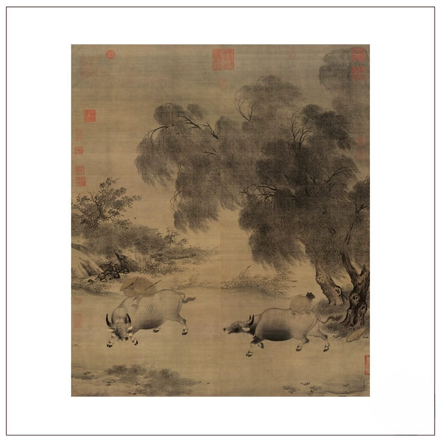 1:1南宋 李迪 风雨归牧图 国画山水人物画立轴挂画高清复制装饰画
