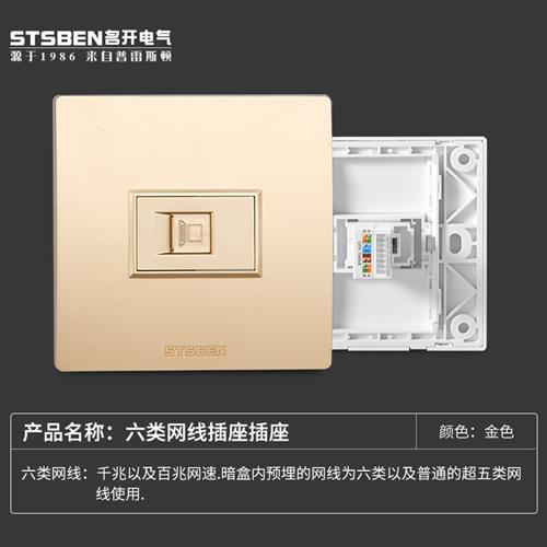86型暗装双直通千兆网路面板 金色CAT6宽带信息 六类网线电脑插座