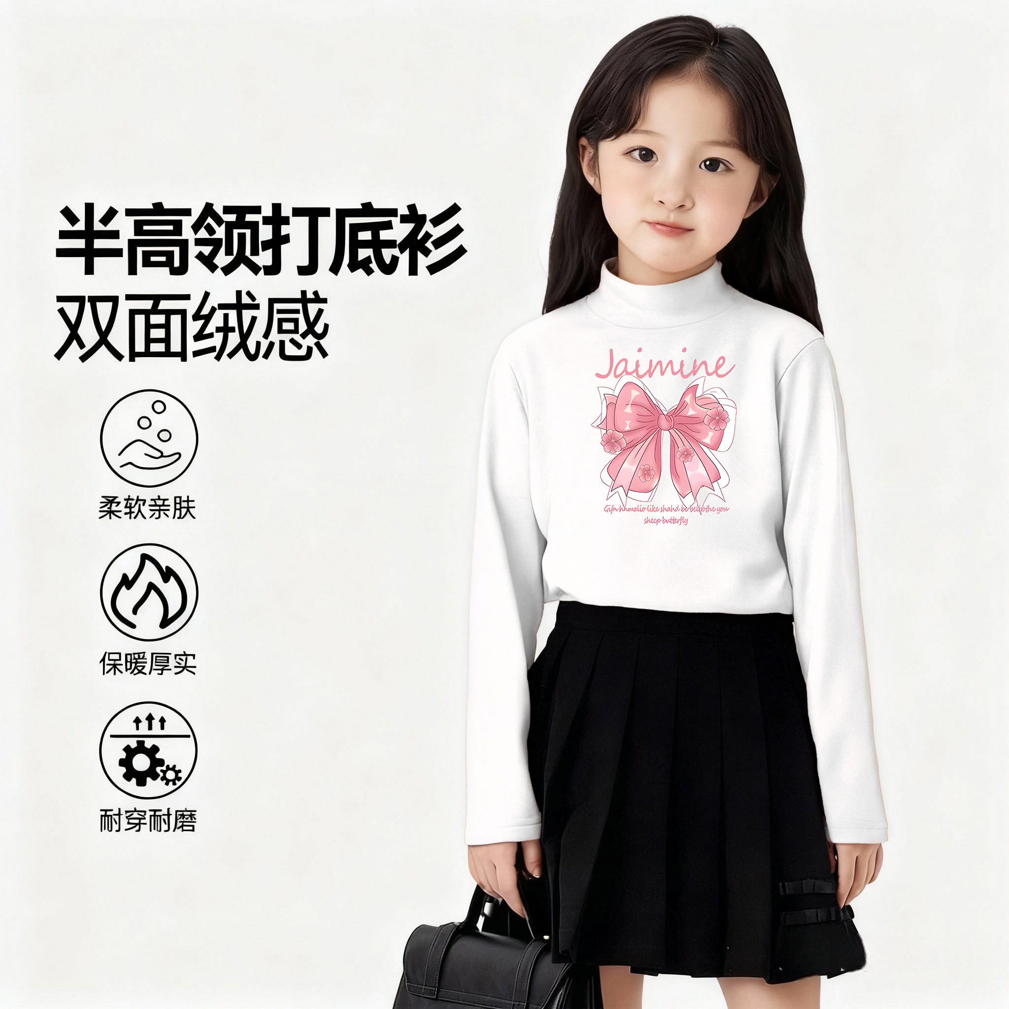 女童装德绒打底衫自发热冬新款洋气T恤半高领加厚加绒保暖上衣服