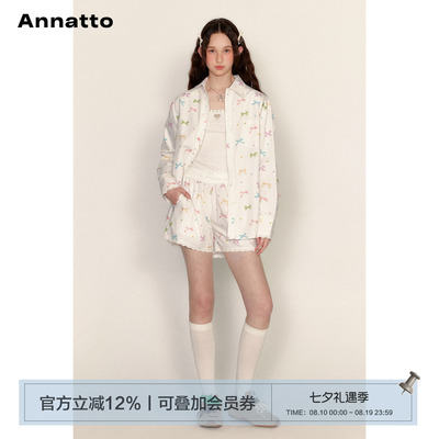 ANNATTO 蝴蝶结印花套装女长袖衬衫+短裤减龄显瘦遮肉两件套
