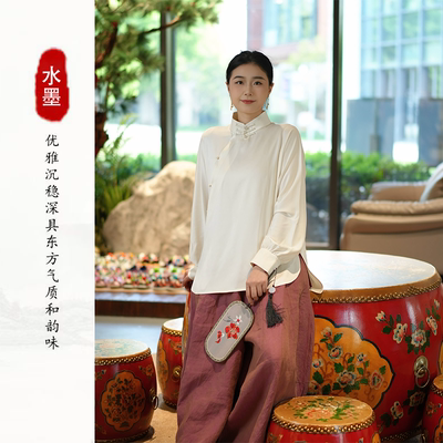 立领斜襟盘扣通勤禅意茶服衬衫