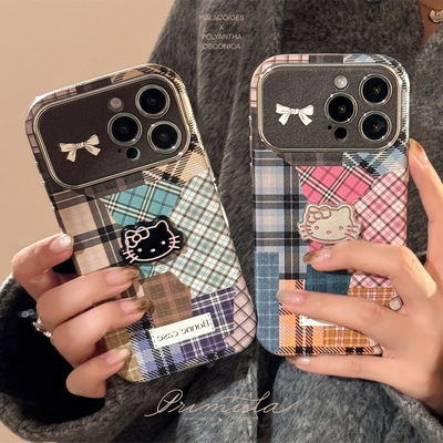 AceCase复古格纹拼接KT猫咪14适用15promax手机壳苹果iphone16立体11皮质13卡通12