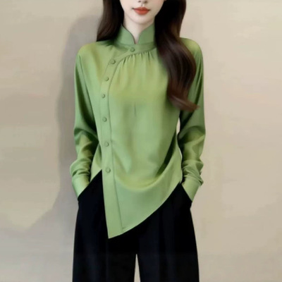 26072新大爱美依缘2026春季新款复古小立领设计感小众开叉衬衫女