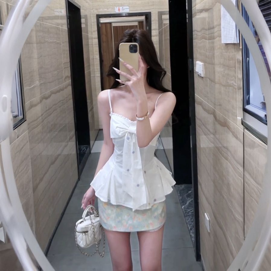 韩系辣妹蝴蝶结抹胸吊带背心修身收腰无袖上衣搭配短裙两件套装女