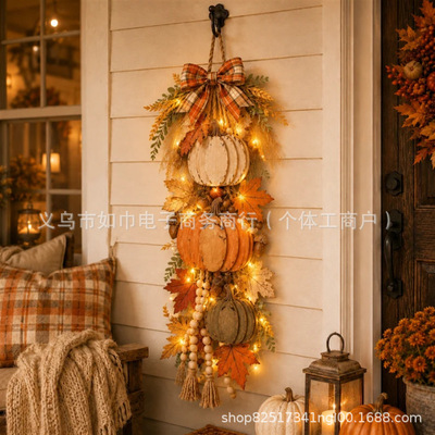 新品Rustic Wooden Pumpkin Door Hanging 乡村风木质南瓜门挂饰