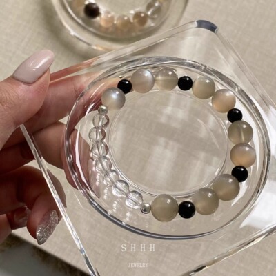 SHHH/天然白水晶奶茶月光石黑玛瑙美拉德白水参半水晶手串设计感