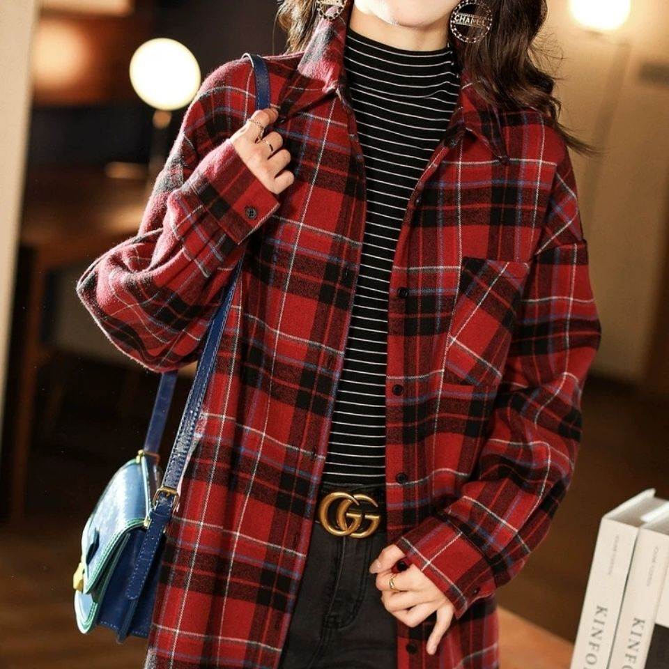 春秋复古中长款红黑格子衬衫女休闲百搭宽松大码叠穿磨毛衬衣外套_虎窝淘