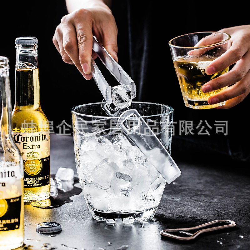 原装进口无铅玻璃冰块桶盛冰KTV酒吧家用带提手透明带冰夹1L