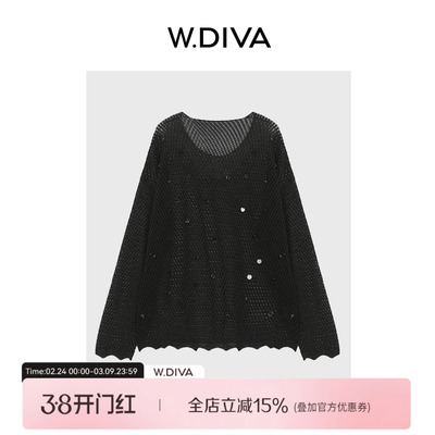 魏老板【巴黎之夜】棉V领百搭镂空编织提花套头针织衫女51Z131731