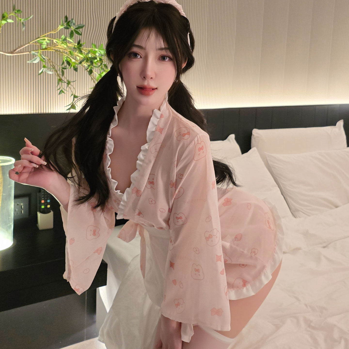 粉色睡衣日系纯欲和服睡袍性感女仆甜美透视免脱趣味兔女郎家居服