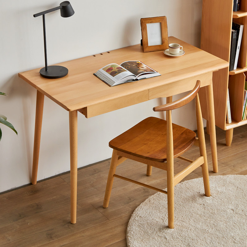 全实木书桌学习桌家用线孔写字桌学生简约电脑桌卧室小型家用_虎窝淘