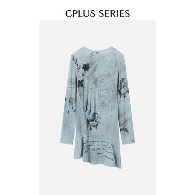 [新品]CPlus Series印花垂坠弹力ㄧ字肩连衣裙