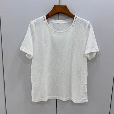 68891欧洲站2026春夏时尚两侧镂空蕾丝刺绣圆领舒适棉修身短袖T恤