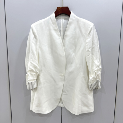 6328欧货2026春时尚拼条纹泡泡七分袖一粒扣休闲韩系醋酸西装外套