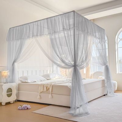 网红三开门家用公主风纹帐加密加厚遮光防风双层落地支架宫廷蚊帐