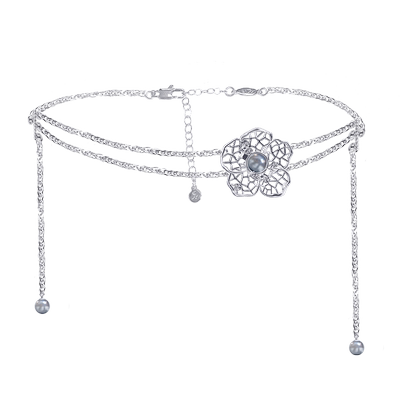 珍珠蕾丝花垂坠925纯银项链