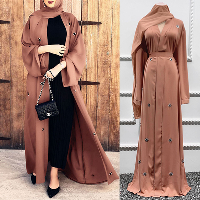 迪拜时尚钉珠开衫长袍连衣裙Arab women long open caftan dresse