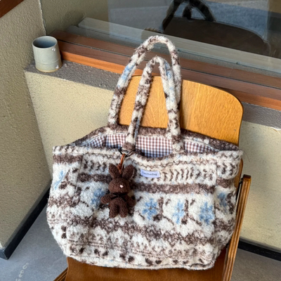 费尔岛蓝白撞色托特包女