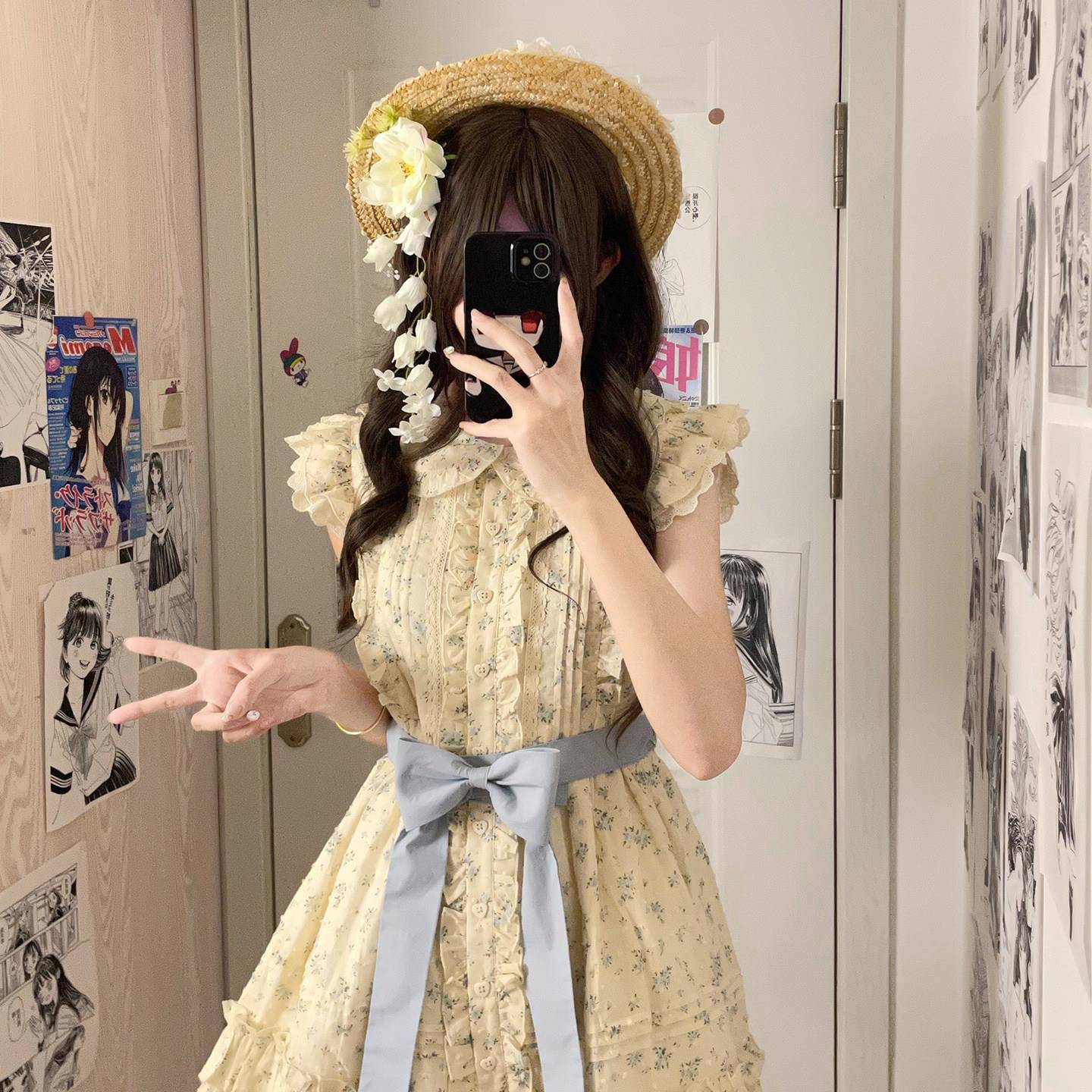东京时记J蝴K蓝DJC52621色碎花连衣裙女夏结小个子系带岁蝶公主裙