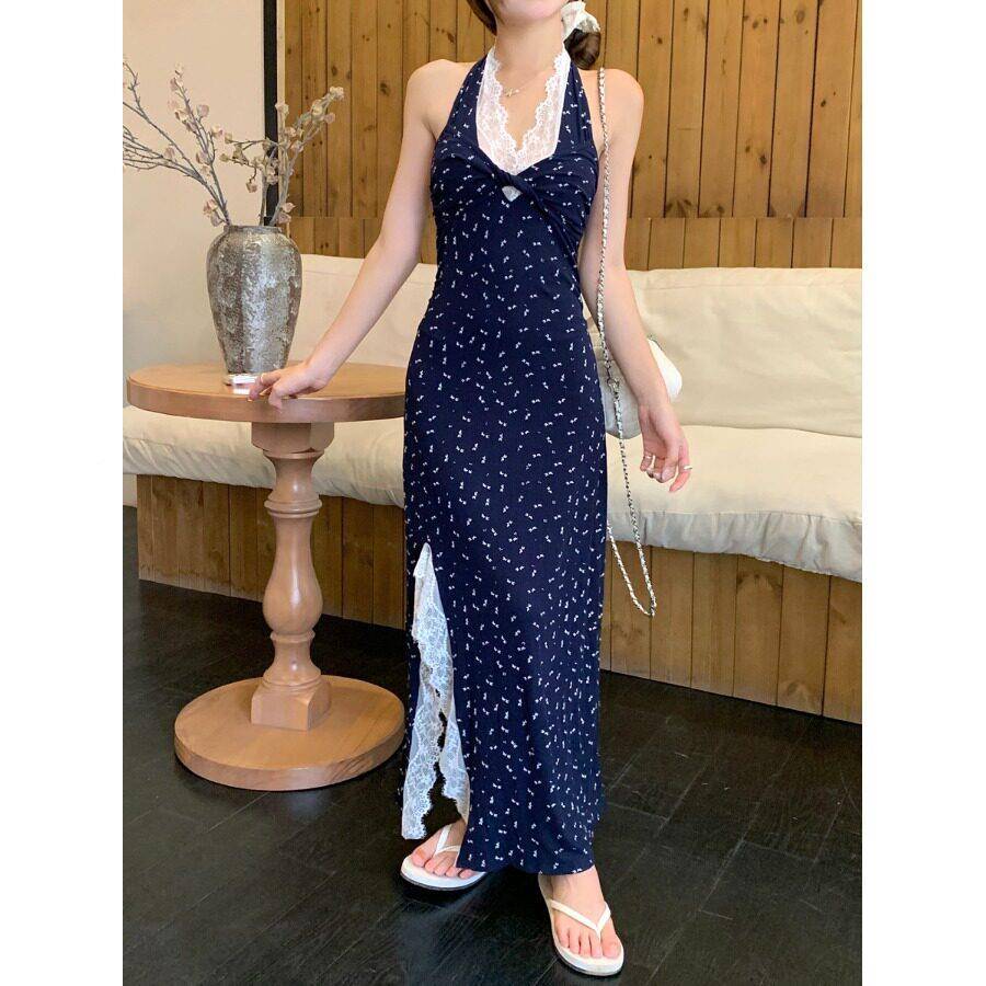PHMOPE蓝色蕾丝碎花挂颈长洋装女夏季辣CCZ妹开叉吊带裙海边度假