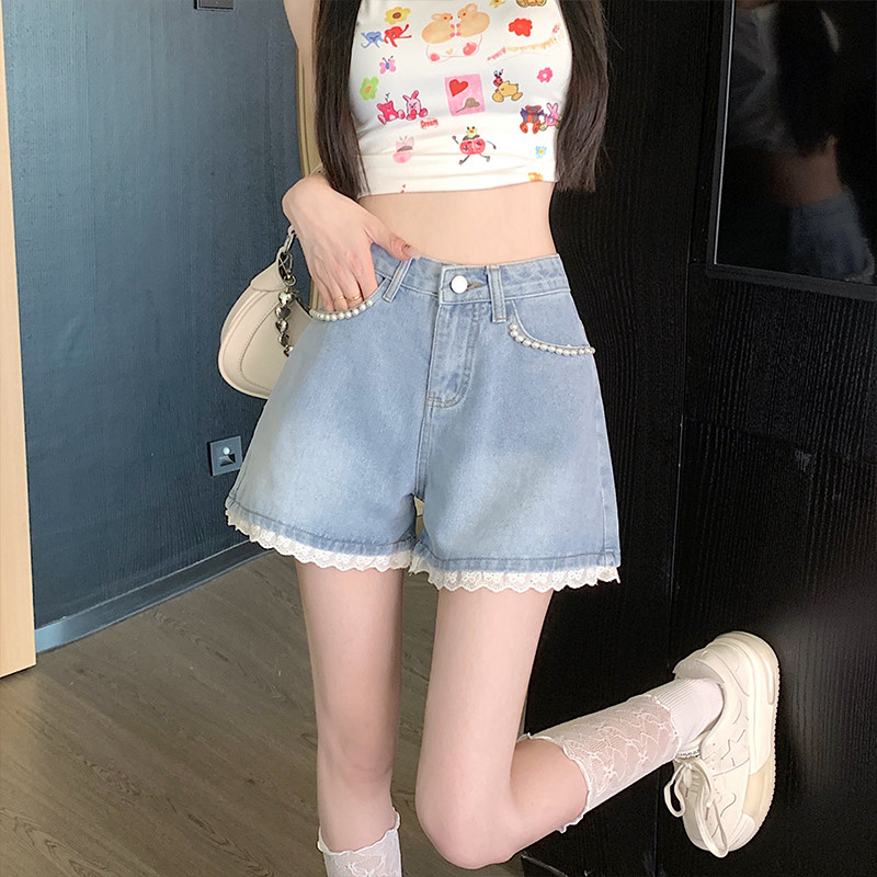 甜辣chic牛仔短裤女夏季高腰显瘦阔腿A字大尺码百搭小个子钉珠花