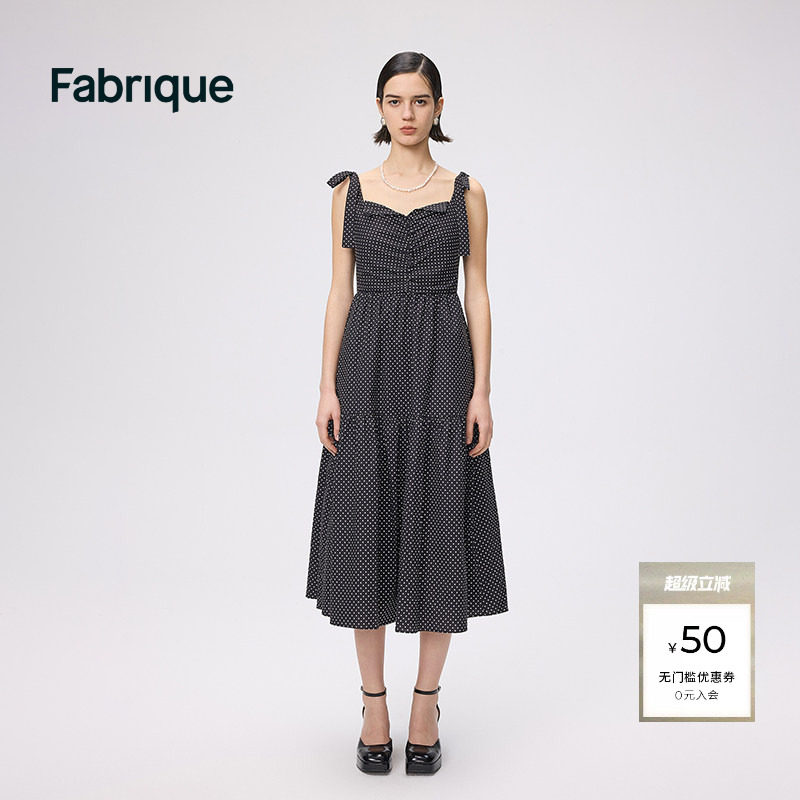 Fabrique A摆翻领宽肩带蝴蝶结捏褶波点连衣裙
