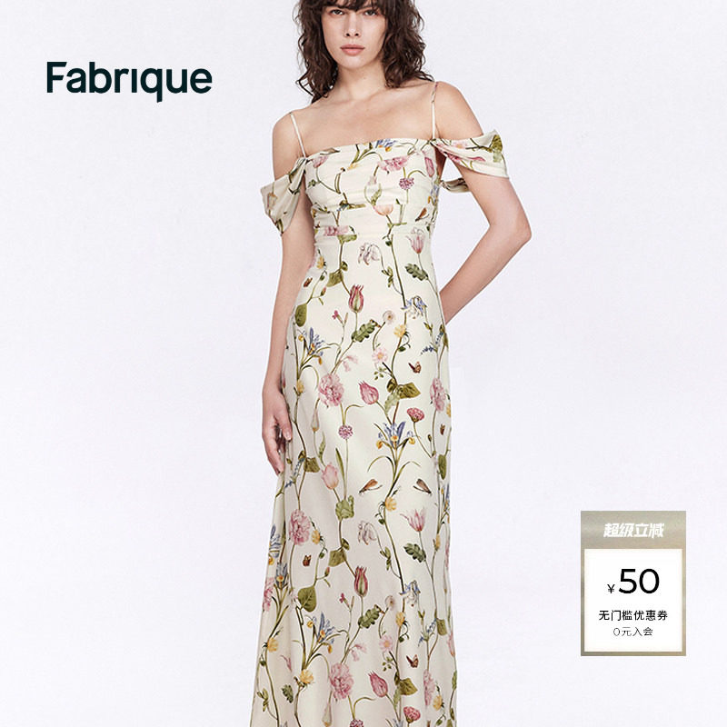 Fabrique【郁花园】桑蚕丝真丝落肩两穿印花鱼尾连衣裙女春夏吊带