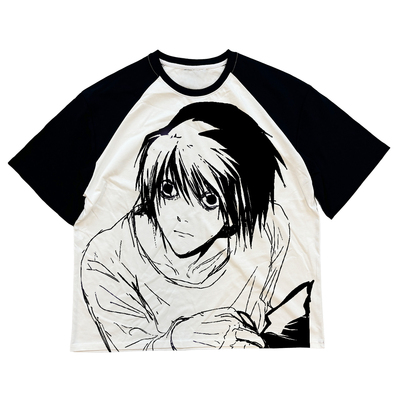 AT荒诞小镇  Death Note动漫二次元 L 黑白插肩袖短袖痛衣T恤