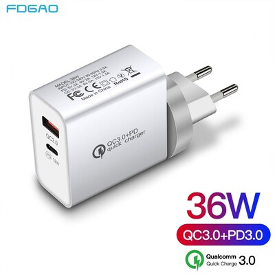 FDGAO 36W Fast USB PD Charger Quick Charge 3.0 Type C PD 3