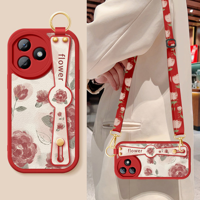 适用荣耀play8t手机壳play8tpro新款女生华为honorplay7tpro红色玫瑰Play7t腕带支架挂绳保护套防摔硅胶软壳