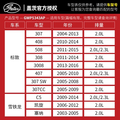 热销直销。盖茨适配标致307世l嘉30N08凯旋508J标志408 308 C5冷