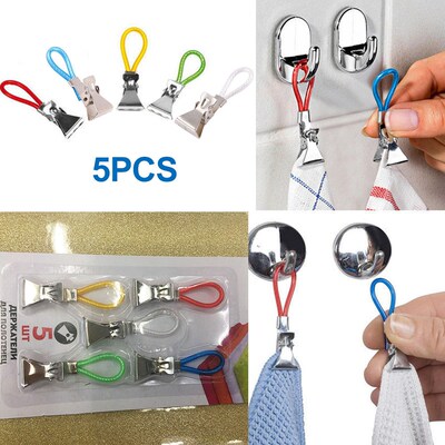 5 pcs TeaTowel metal bathroom kitchen tongs  on hooks loops